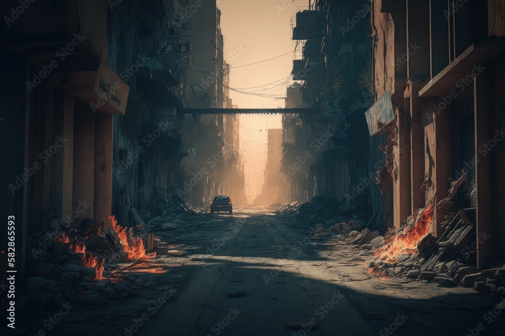 A burned city street with no life apocalyptic scene, selective focus ...