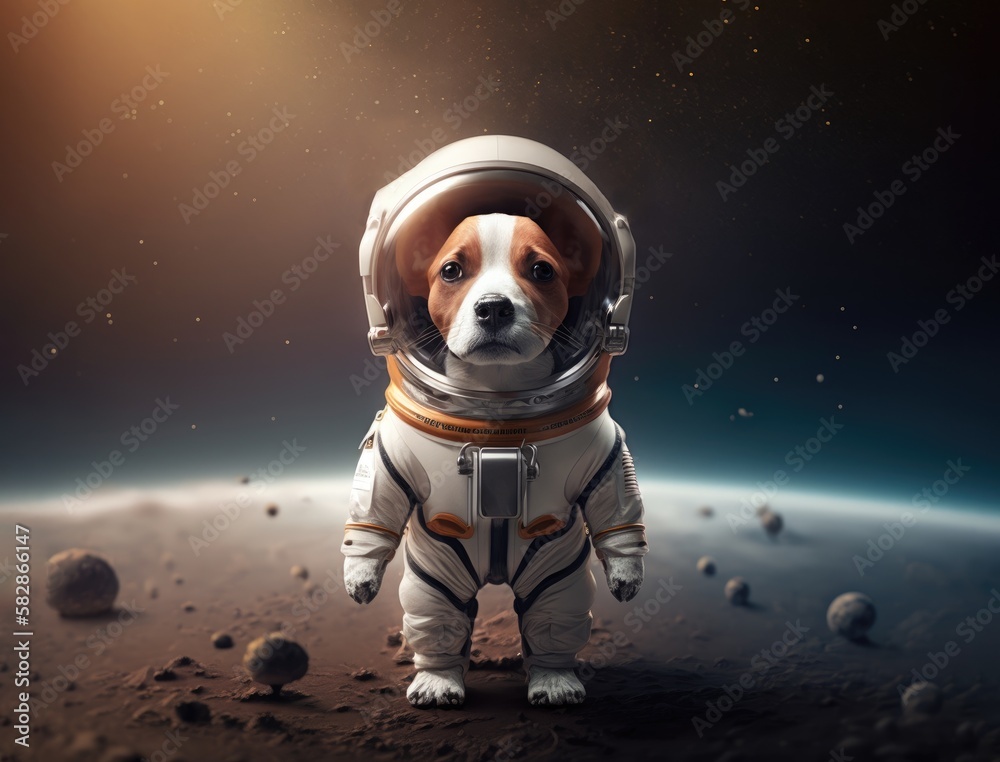 A dog in a space suit standing on the surface of a planet, an astronaut ...