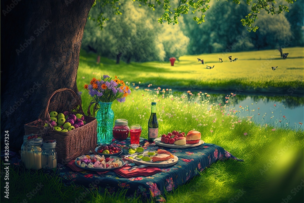 Idyllic Picnic Scene: Colorful Spread under a Tree on a Vibrant Green ...