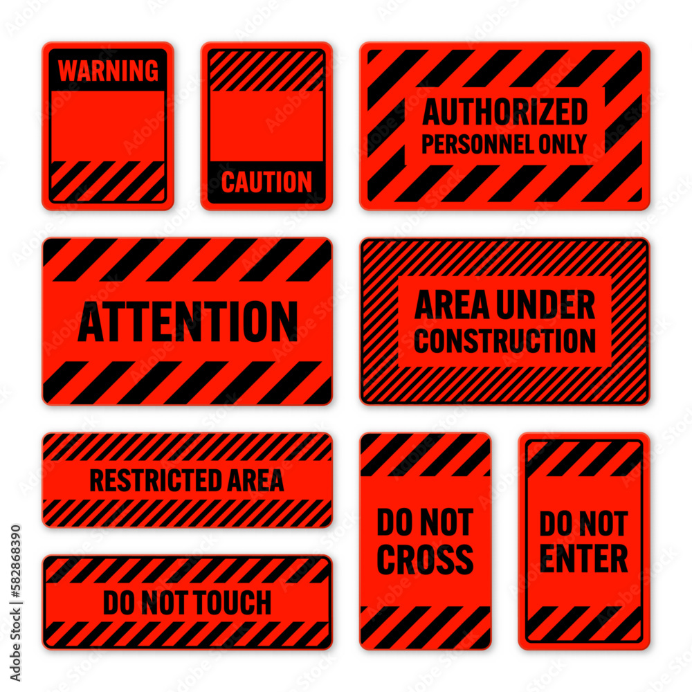 Various black and red warning signs with diagonal lines. Attention ...