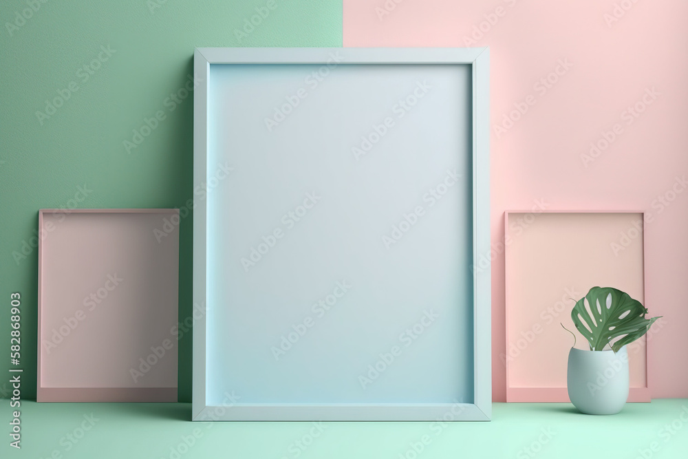 Interior blue frame poster mock up with vertical empty sheet & green ...