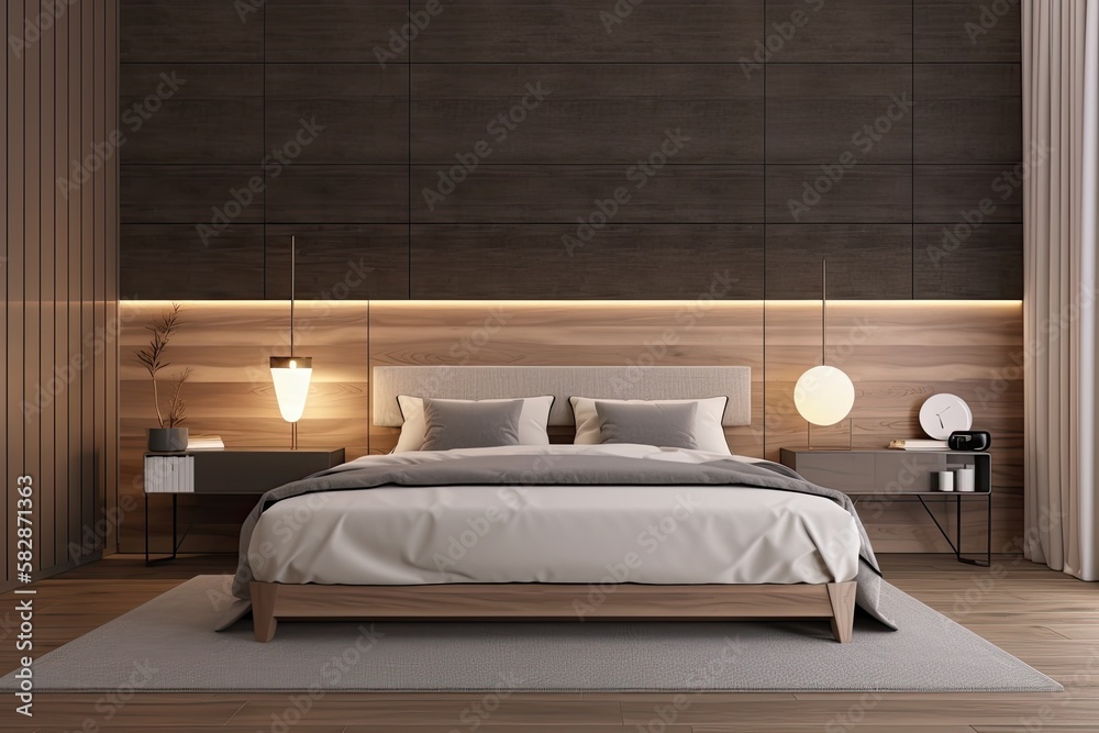 Front picture of a master bedroom with a plush headboard panel and a ...