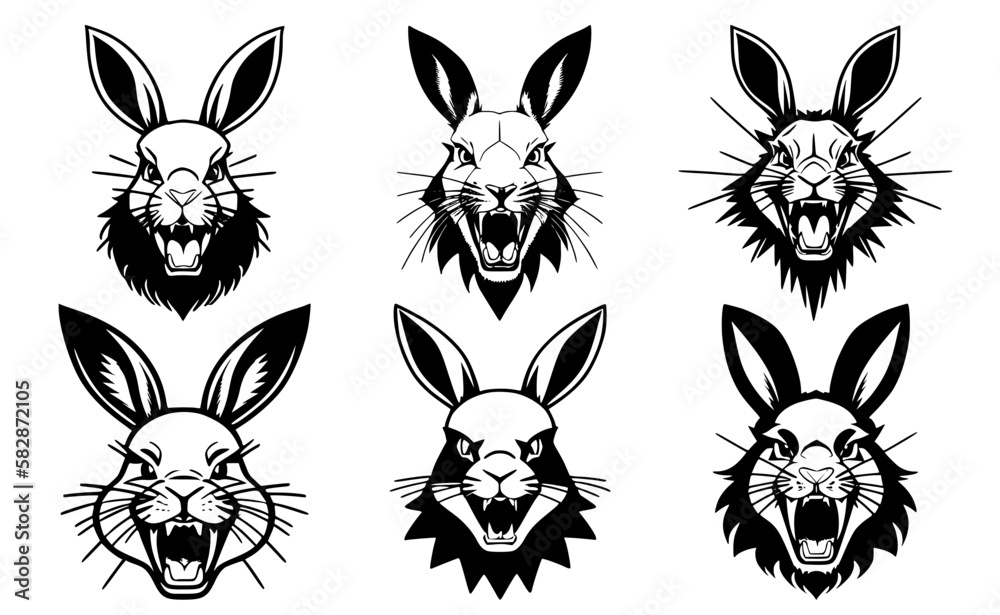 Set of rabbit heads with open mouth and bared fangs, with different ...
