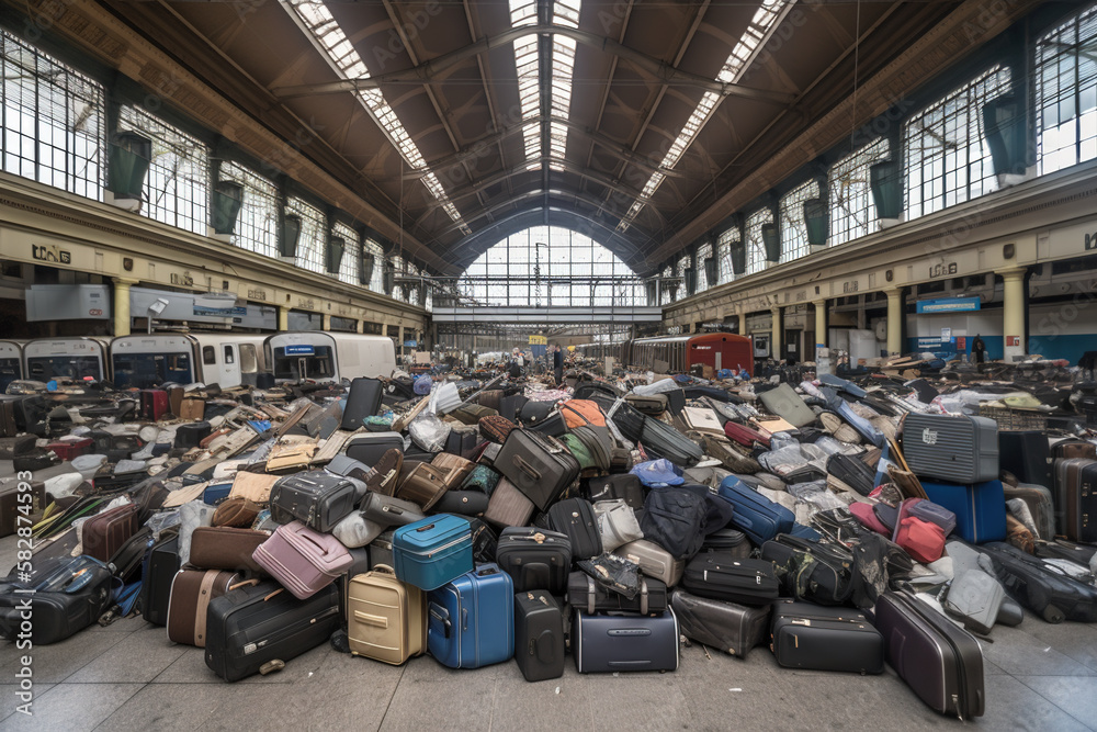 Huge heap of lost luggage in the center of large hall of railway ...
