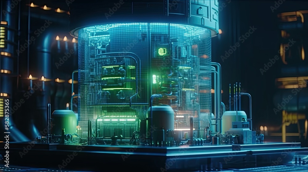 Illustration of a futuristic nuclear reactor with blue and green light ...