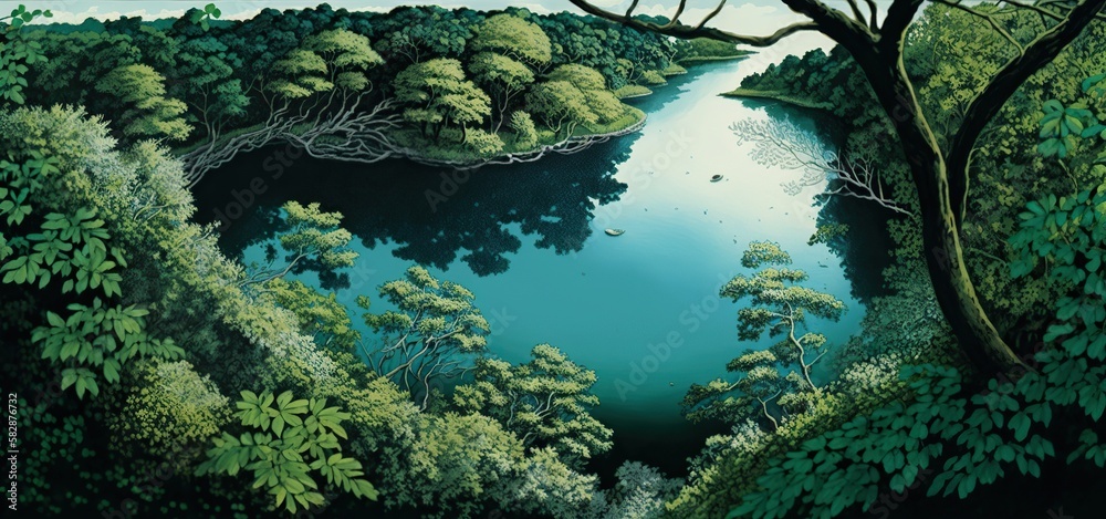 dense canopy of trees covers ground below with occasional clearing for ...