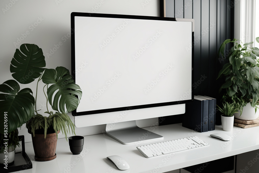 Blank screen workspace in a well lit office setting. Generative AI ...