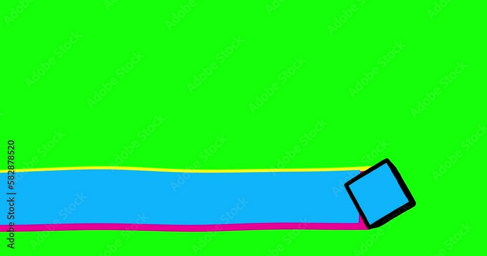 Wipe liquid lower third with cube cartoon CMYK version. Linear doodle ...