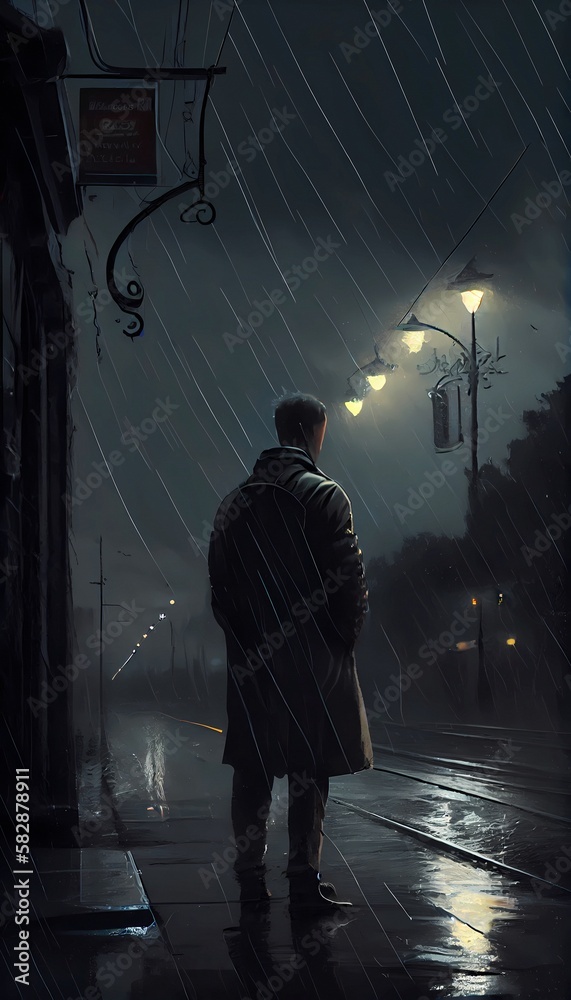 man standing sidewalk rain mansions madness mourning night time city ...