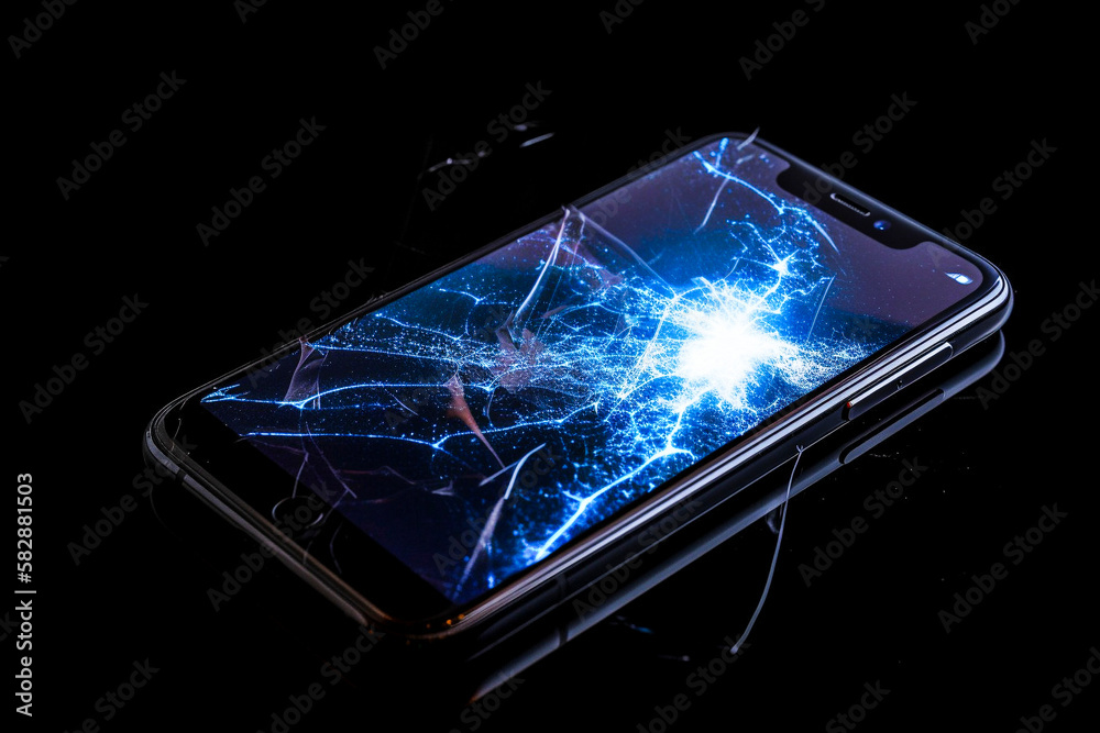Smartphone with cracked LCD screen. generative Ai technology Stock ...