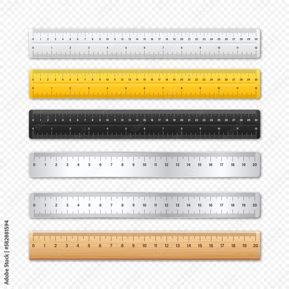 Realistic various metal and plastic rulers with measurement scale and ...