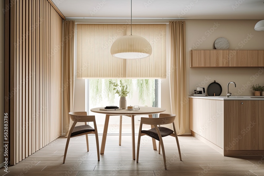 A window with curtains between a round table with two chairs and ...