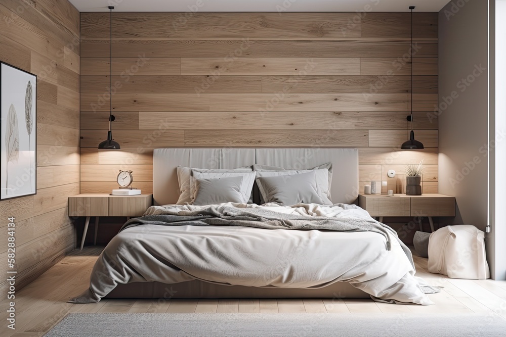King sized bed, pillows, and white bedcover in a corner of a light ...