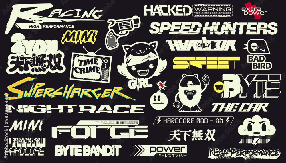 Cyberpunk motorsport decals set. Set of vector stickers and labels in ...
