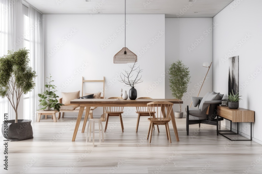 Living room with a dining table, a white wall as the background, and a ...