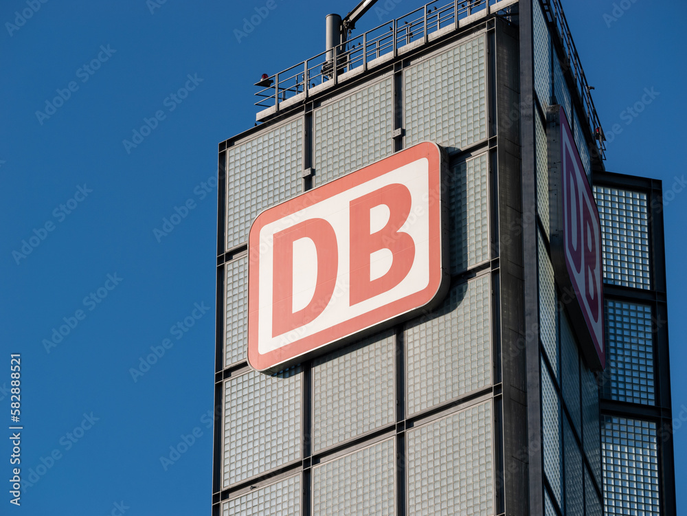 BERLIN, GERMANY - 1. March 2023: DB logo close-up. Advertising of the ...