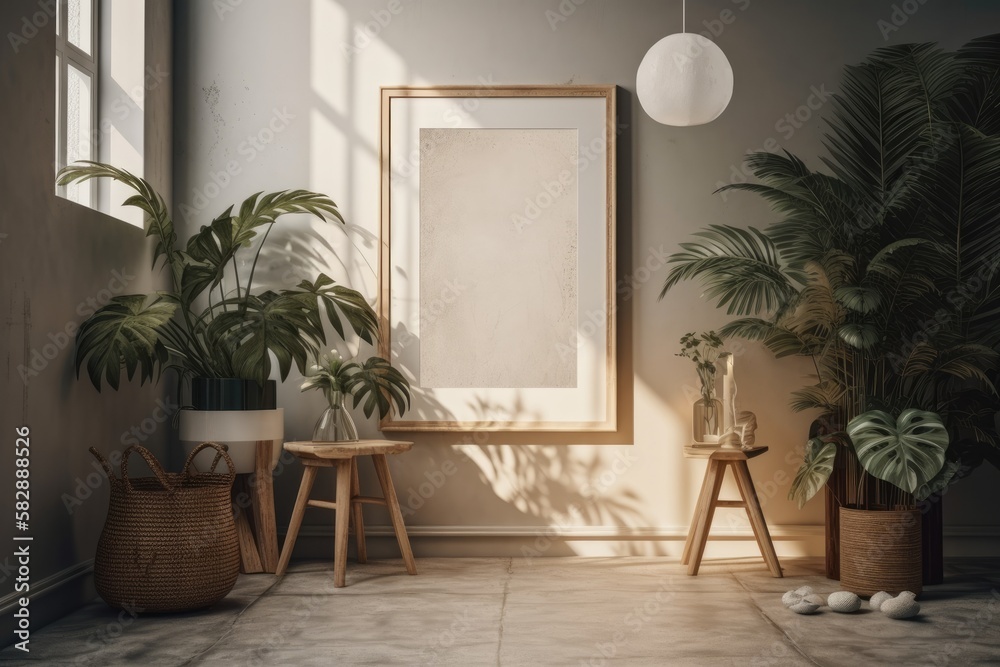 White frame leaning on the ground in a fake room with plants. Model of ...