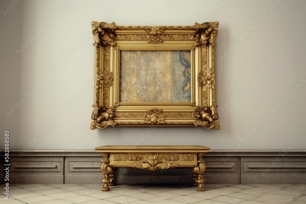 An antique art fair gallery frame on a beige wall in a museum ...