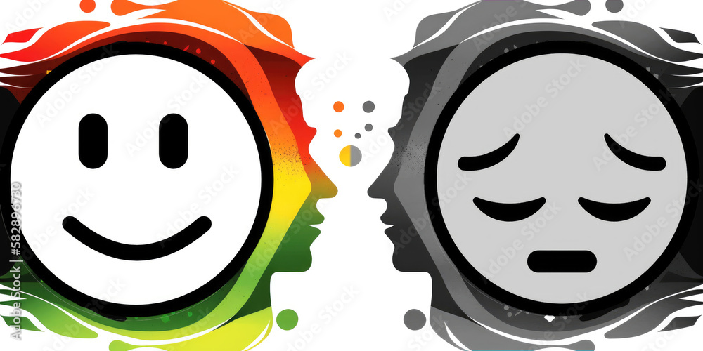 Two abstract faces with each positive and negative thinking. Symbolic ...