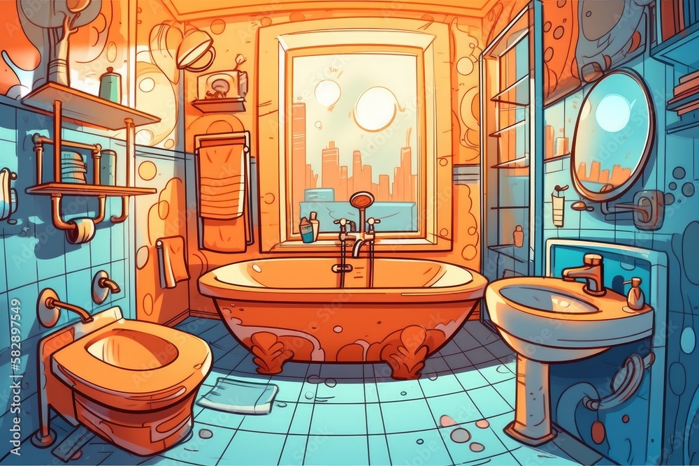 Cartoon drawing for kids featuring a vibrantly empty bathroom ...