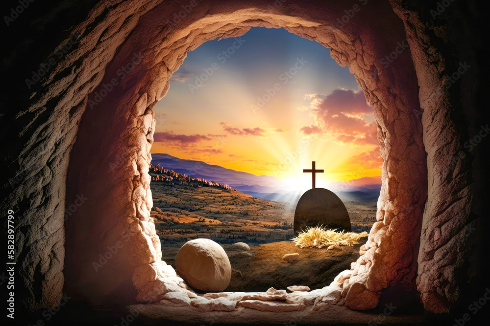 Resurrection of Jesus Christ. An open cave with crosses in the ...