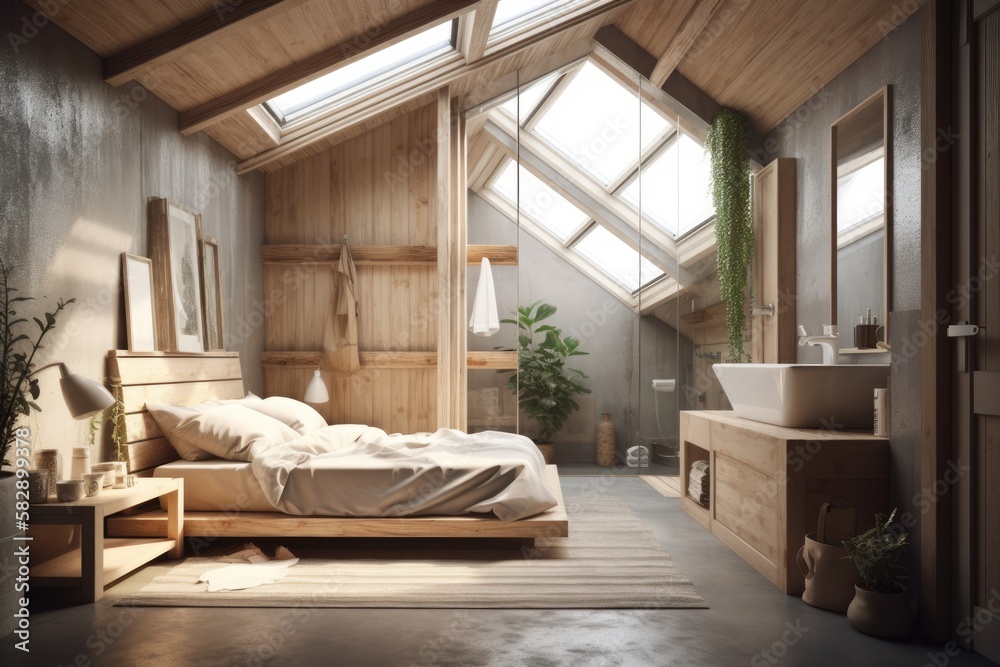 Interior of attic bedroom with white walls, roof windows, and a tiny ...