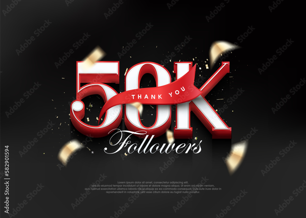 Thank you 50k followers, with 3d numbers with red ribbon. Premium ...
