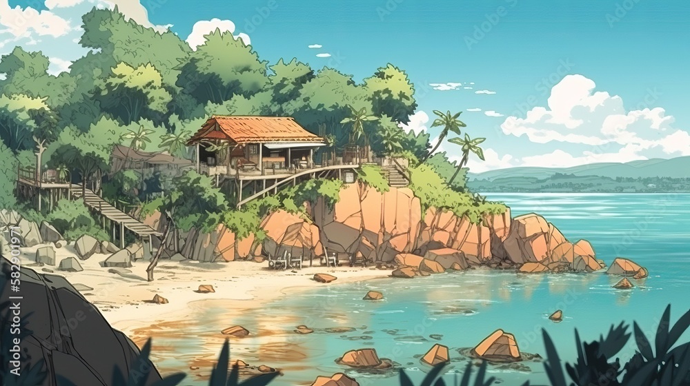 Tropical island beach with anime cartoon style drawing. Generative AI ...