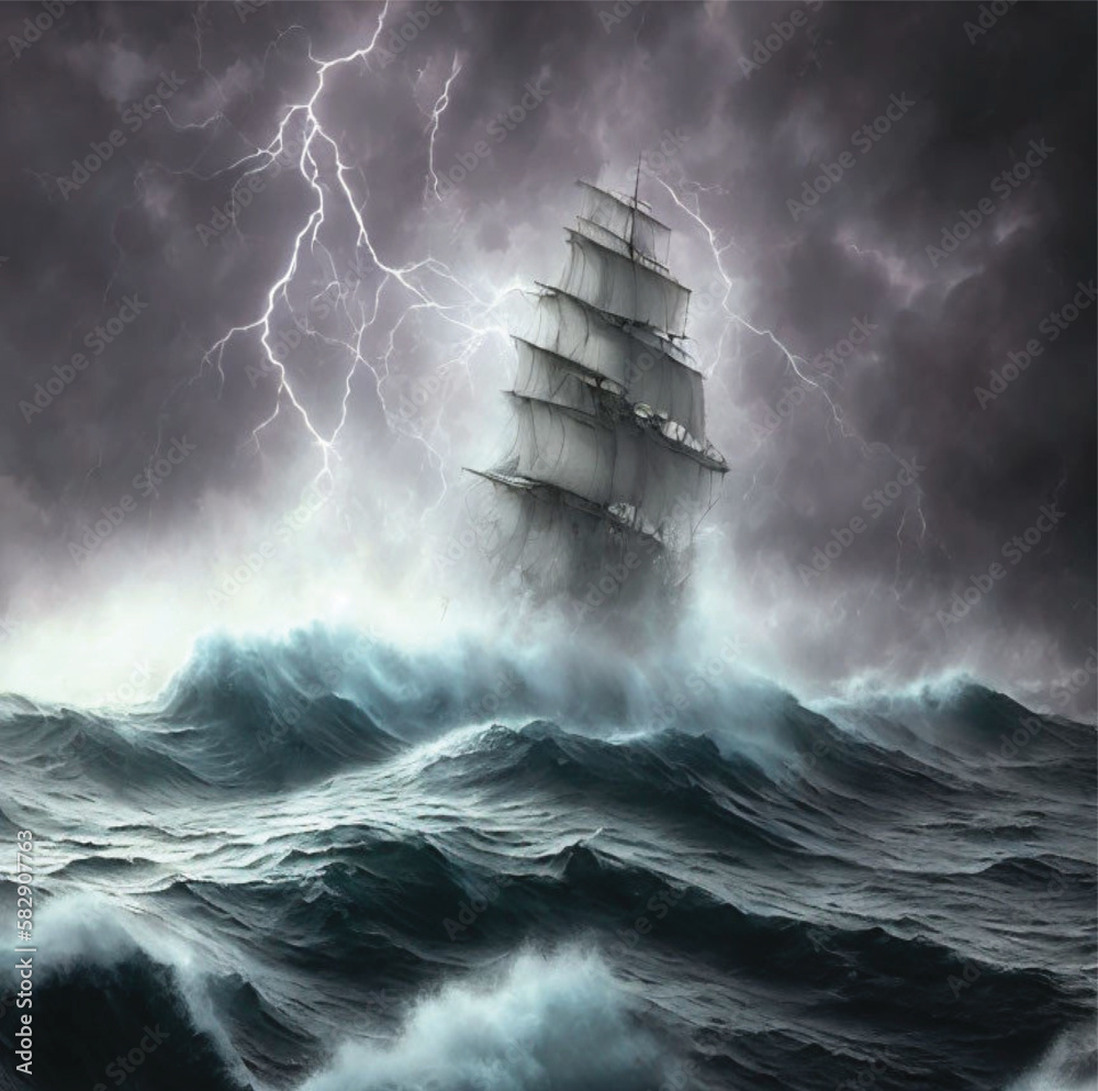 Vetor de Viking ship in a stormThe ship is caught in a violent storm on ...