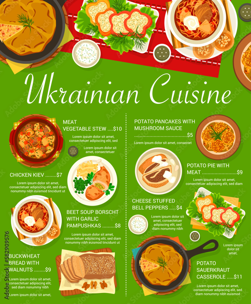 Ukrainian cuisine food menu page. Chicken Kiyv, stuffed peppers and ...