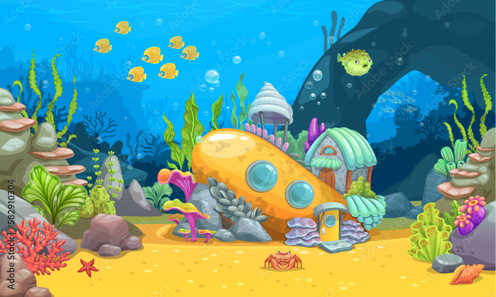 Underwater landscape with sunken submarine. Cartoon vector sub boat ...