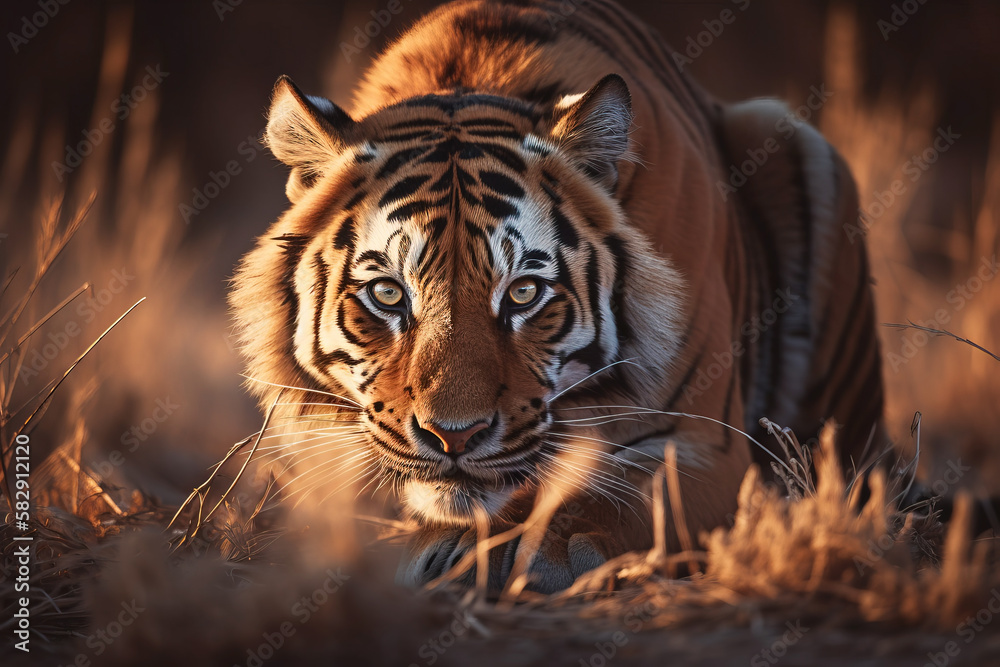 Tiger Hunting In A Grassland At Sunset Ai Generated Illustration Stock Illustration Adobe Stock