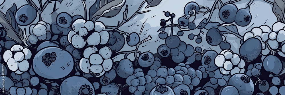 Blueberry fruits drawing cartoon art illustration banner, generative ai ...