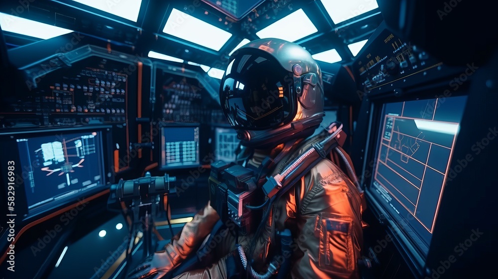 Pilot on jet plane futuristic cockpit background. Military aviation ...