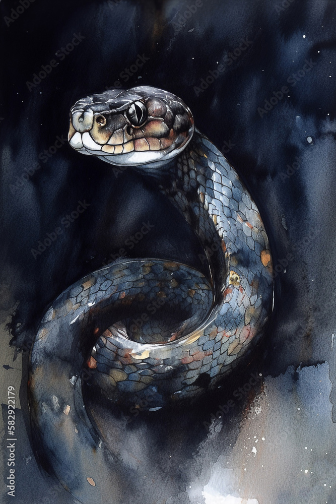 Snake 🐍, watercolor style sleek and slithery evening dark and ...