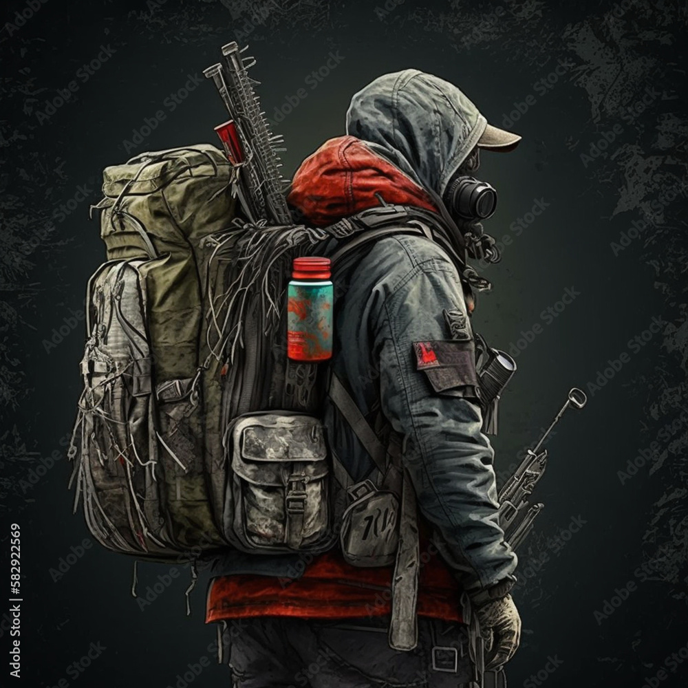 A post-apocalyptic survivor with backpack and sniper rifle, patch on ...
