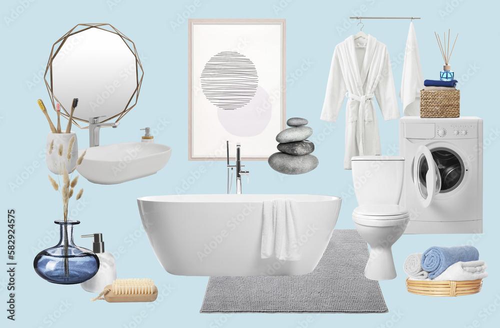 Bathroom interior design. Collage with different combinable items and ...