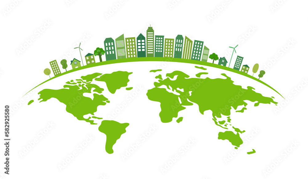 Green world concept vector illustration. Green buildings, house and ...