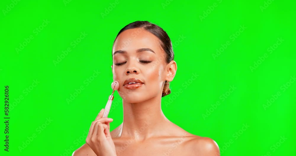 Beauty, facial roller and woman portrait on green screen background for ...