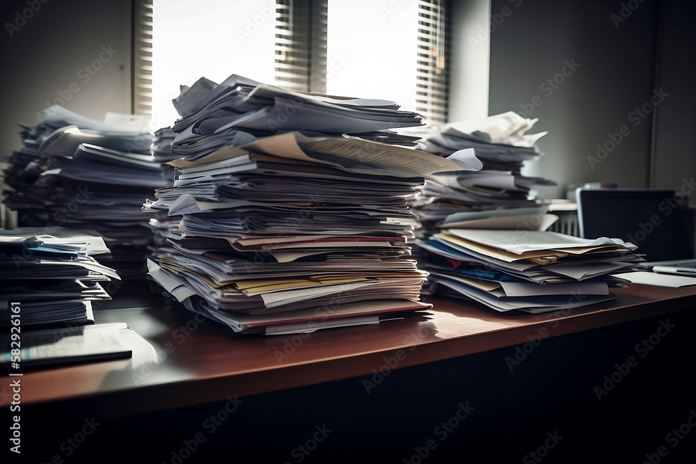 large piles of files piled up on a desk, heavy workload - AI. Stock ...