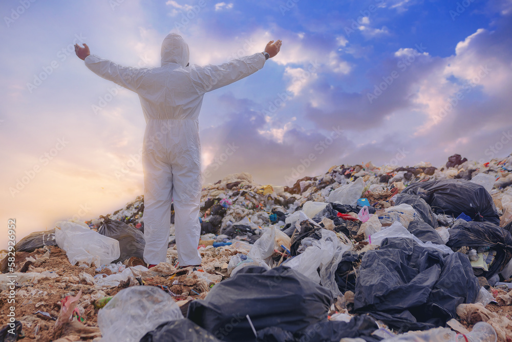 Scientists with coverall suit, investigated and inspected garbage pile ...