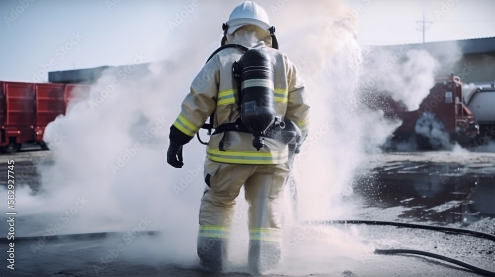 Firefighter Rescue training in fire fighting extinguisher. Firefighter ...