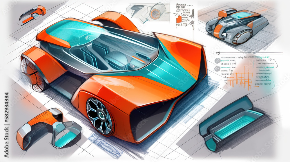 Student designer concept design board of a car made with pens ...