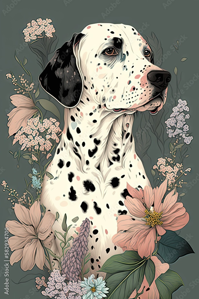 All-Purpose Pastel Art Dalmatian dog in a Floral Wonderland in a Soft ...