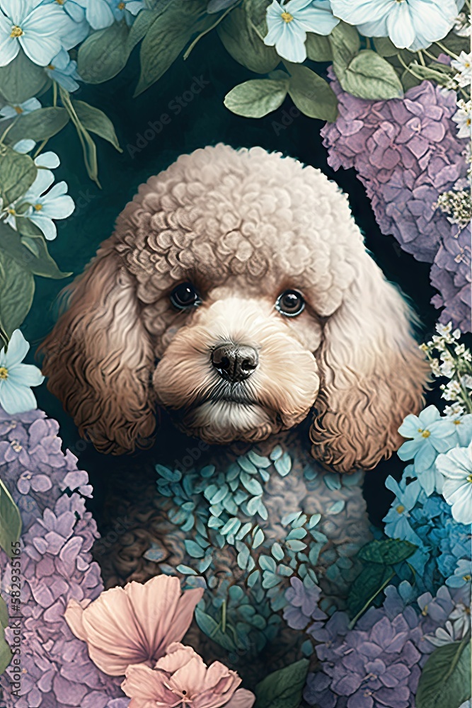 All-Purpose Pastel Art Toy Poodle dog in a Floral Wonderland in a Soft ...