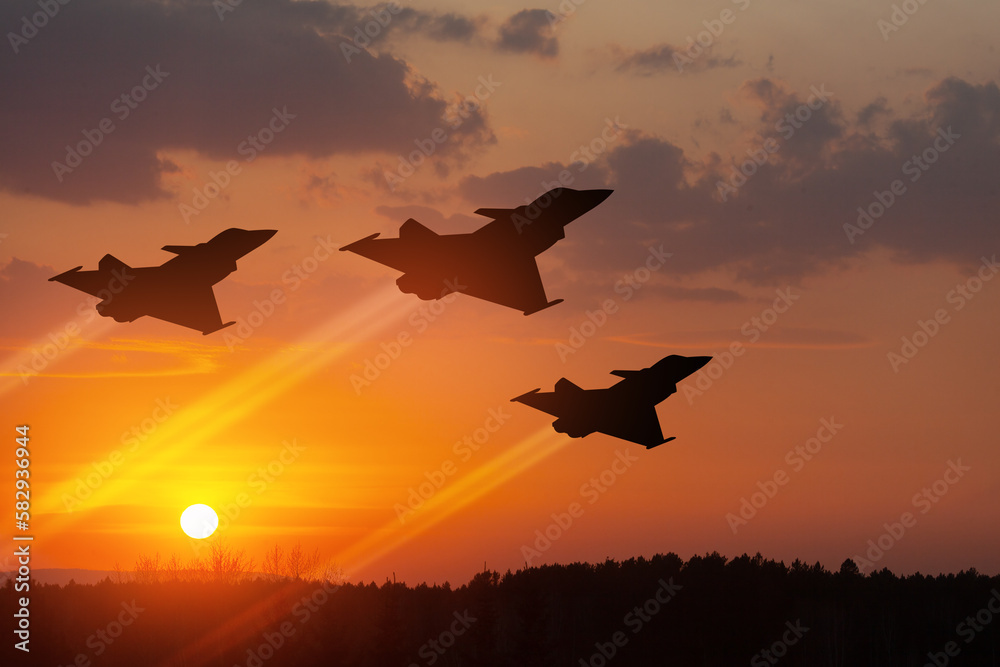 Air Force Day. Aircraft silhouettes on background of sunset or sunrise ...