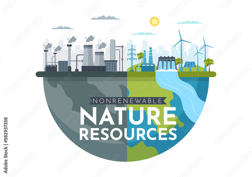 Non Renewable Sources of Energy Illustration with Nuclear, Petroleum ...