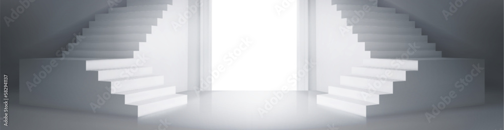 3D realistic white staircase mockups on two sides of entrance door ...