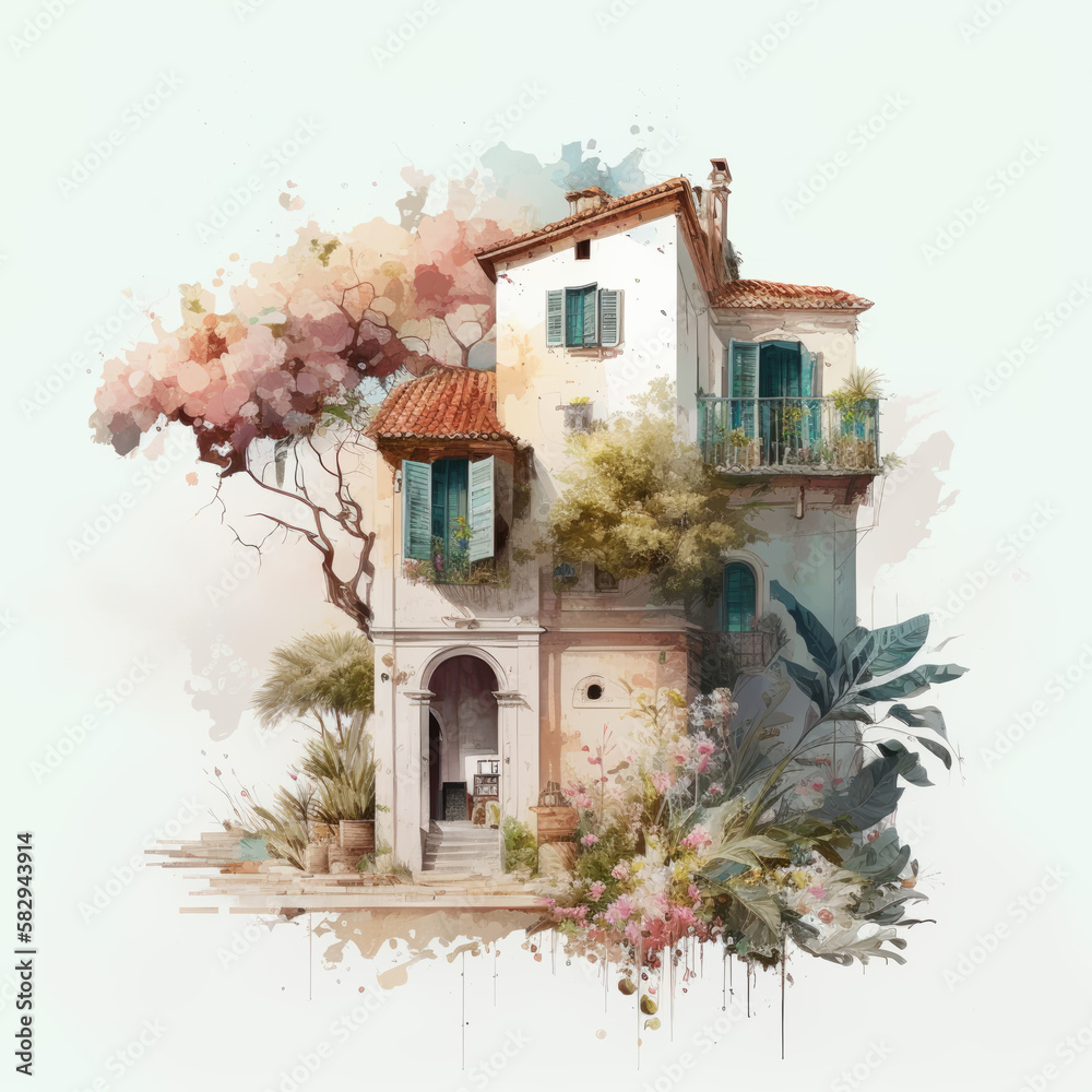 Watercolor house. Cute Old house and blooming garden, Tuscany, Italy ...