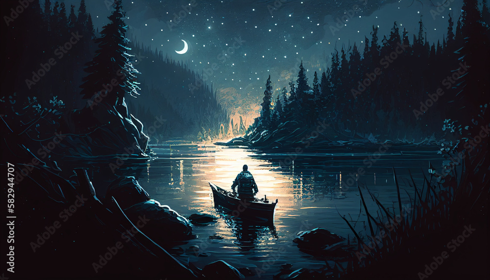 River illustration at night Stock Illustration | Adobe Stock